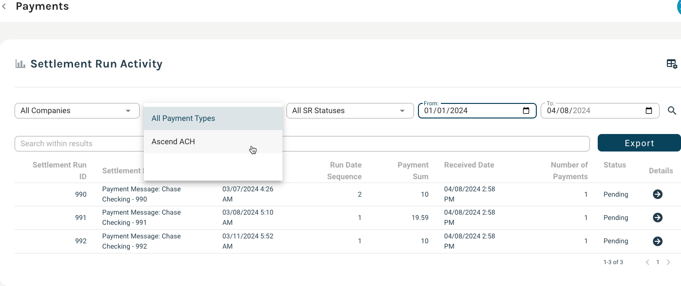 Settlement Run Activity – Ascend Help Center